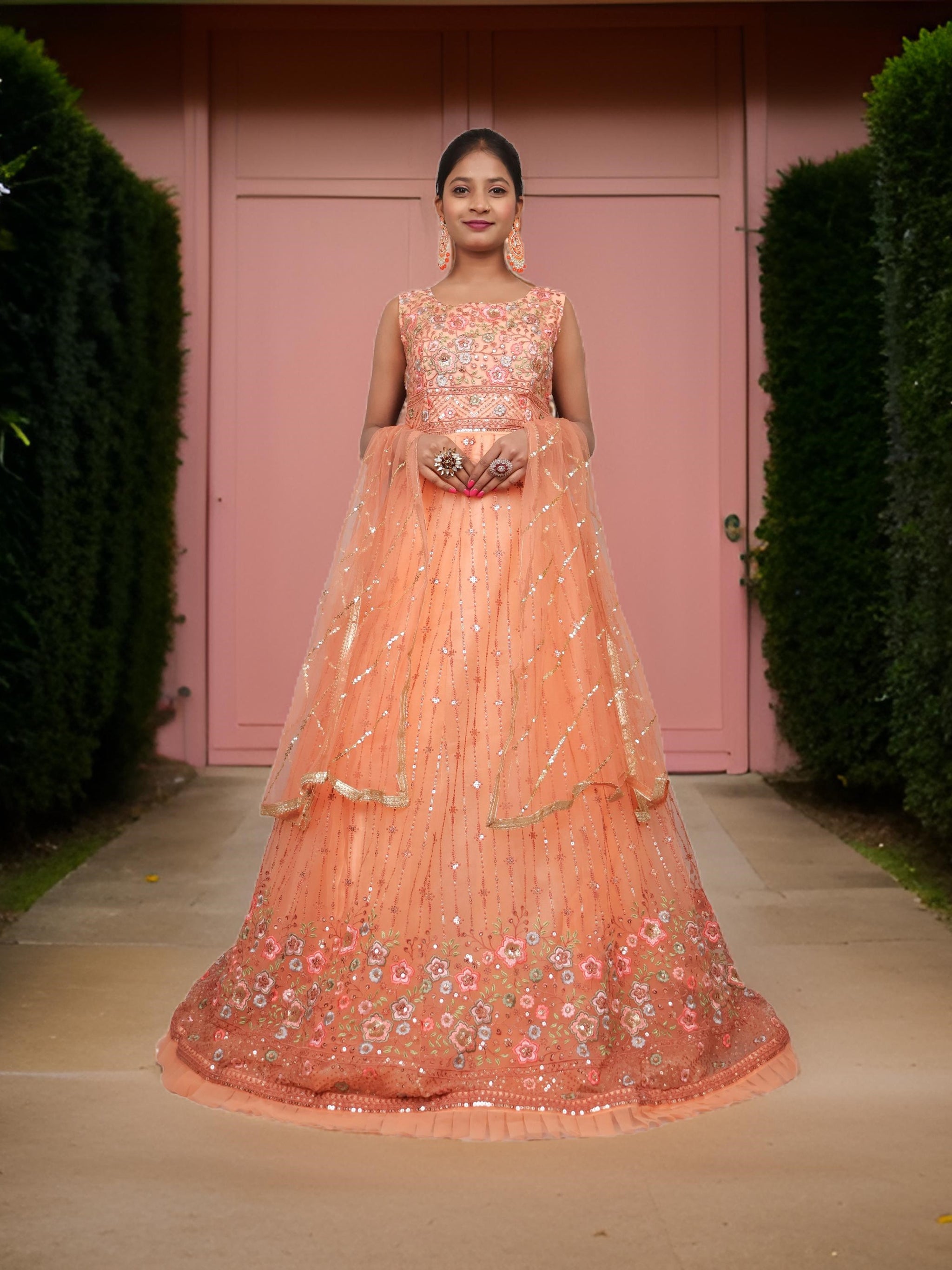 Peach Gown with Embroidery & Sequin Work by Shreekama