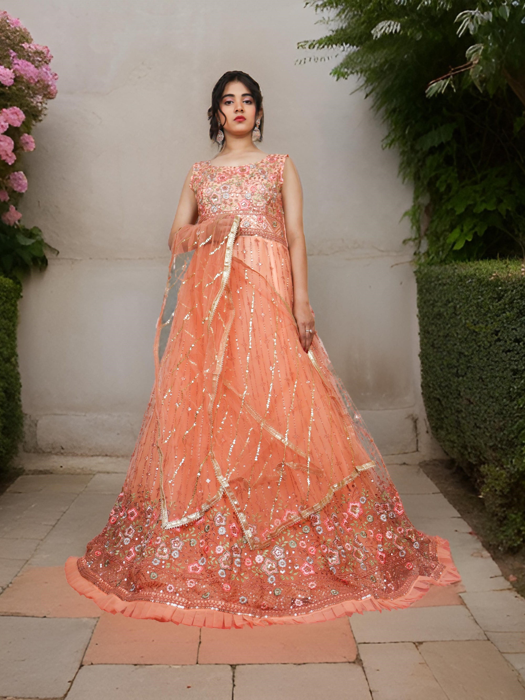Peach Gown with Embroidery & Sequin Work by Shreekama